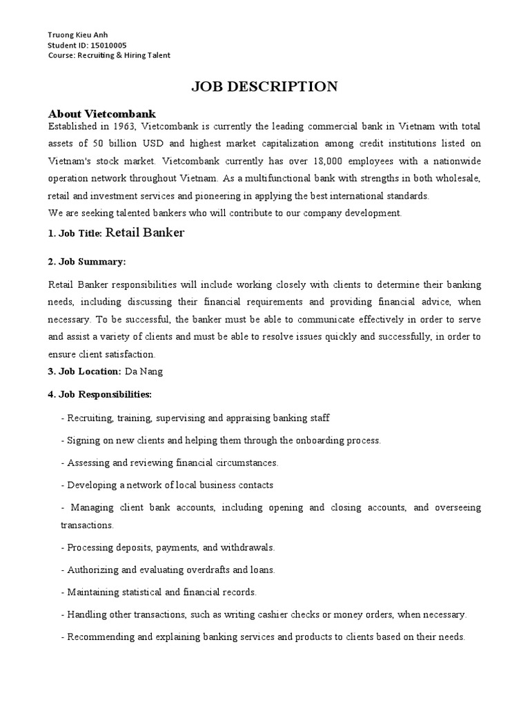 Banker Job Description | PDF | Banks | Retail