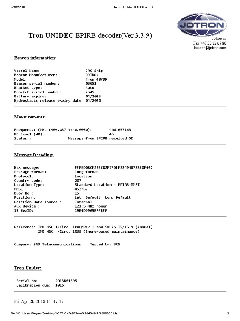 Jotron Unidec EPIRB Report | PDF