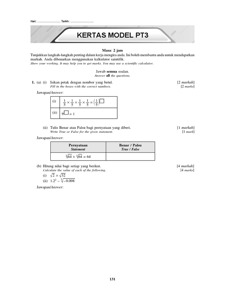 Kertas Model Pt3 Modul Aktiviti Pintar Bestari Matematik1 | PDF