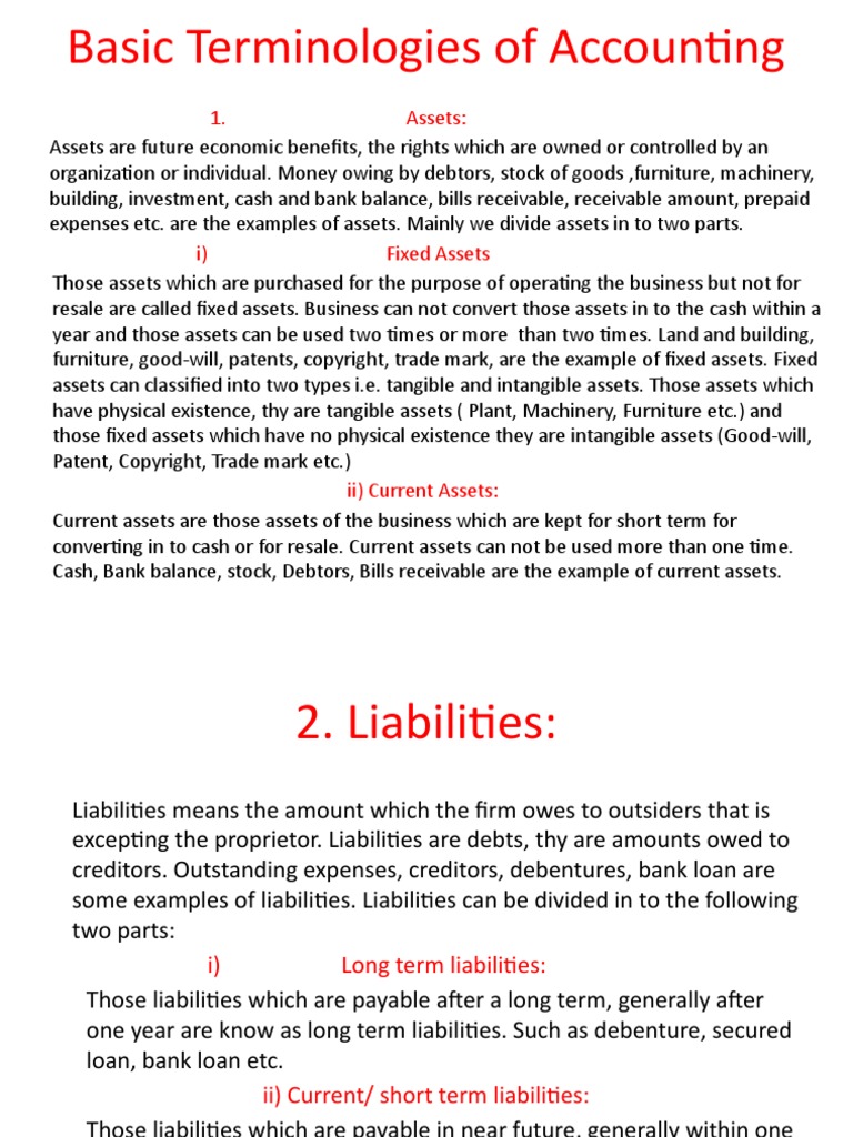 Basic Terminologies of Accounting: 1. Assets | PDF | Credit | Finance ...