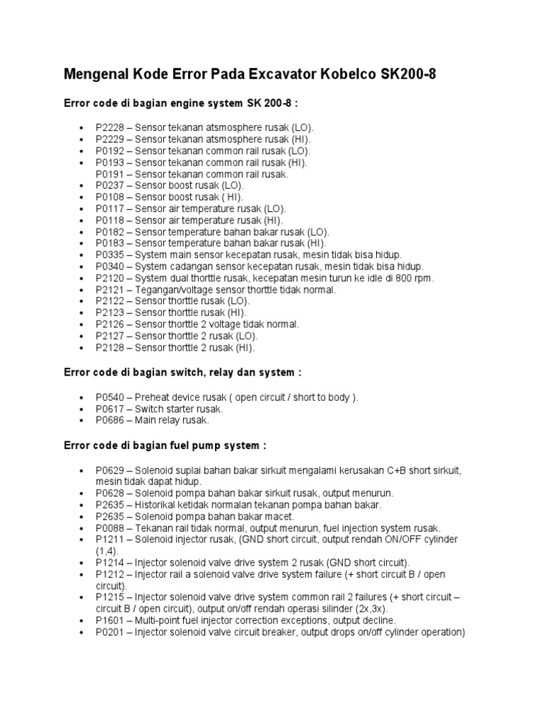 Mengenal Kode Error Pada Excavator Kobelco SK200-8 PDF | PDF | Fuel Injection | Throttle