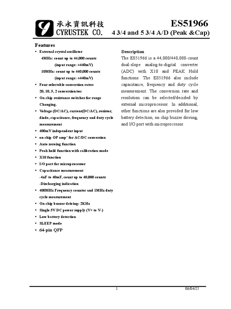 Cyrustek ES51966 (Appa 505) | PDF | Analog To Digital Converter | Phase (Waves)