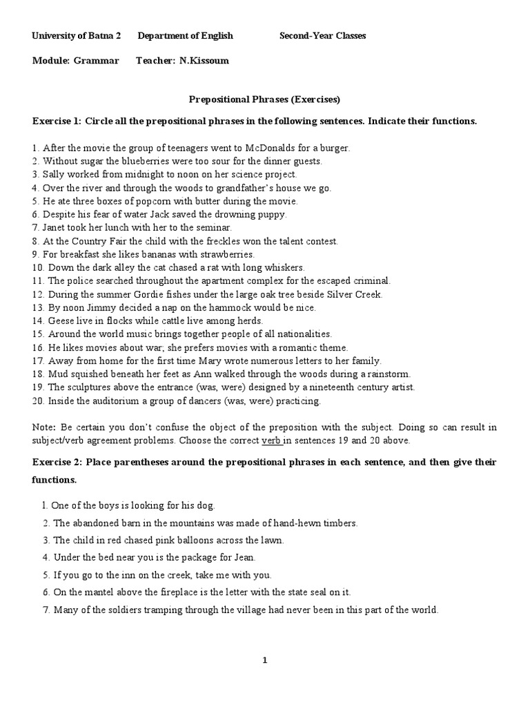 Prepositional Phrases Exercises | PDF | Verb