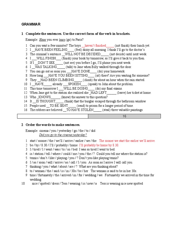 Grammar 1 Complete The Sentences. Use The Correct Form of The Verb in ...