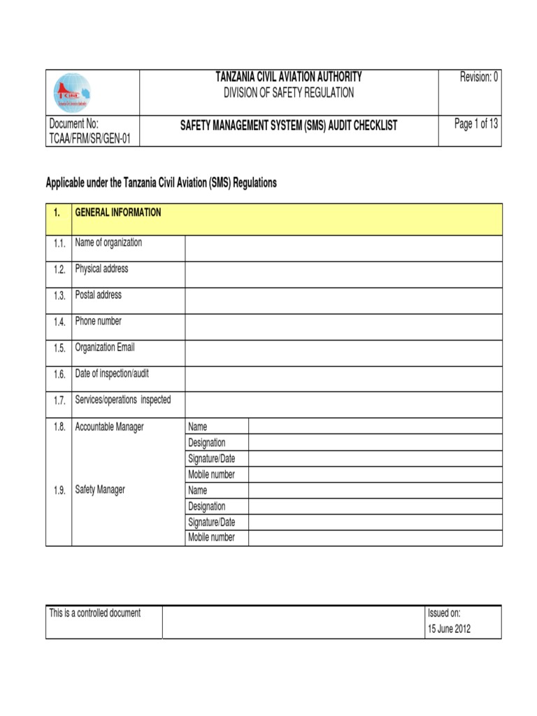 Checklist SMS Audit TCAA | PDF | Audit | Safety