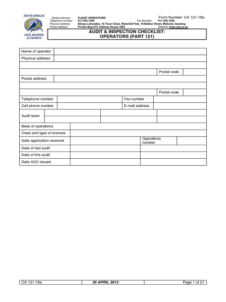 Audit & Inspection Checklist: Operators (Part 121) | PDF | Audit | Safety