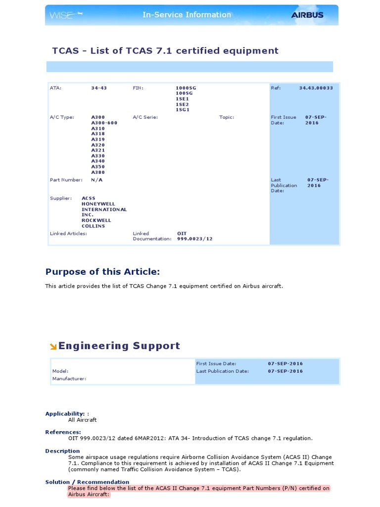 TCAS - List of TCAS 7.1 Certified Equipment: Engineering Support | PDF ...
