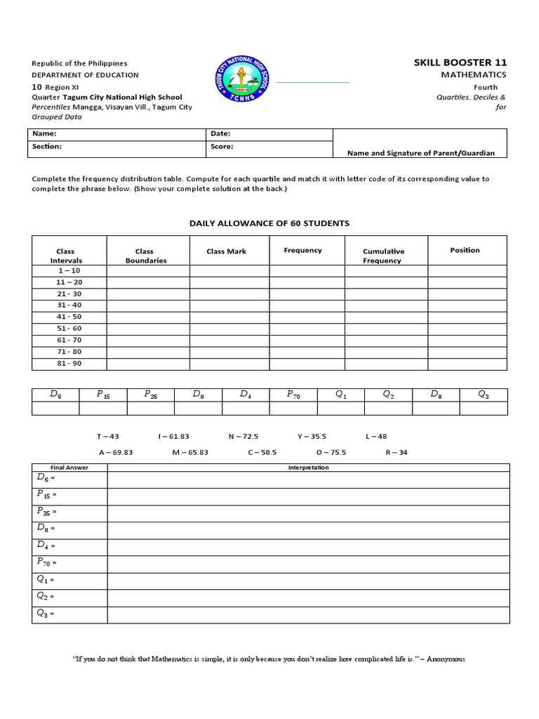 Skill Booster 11 Quartiles, Deciles & Percentiles For Grouped Data | PDF