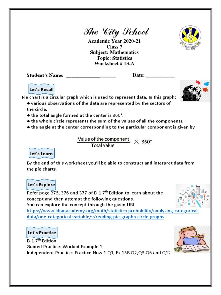 Class 7 Math Worksheet 13 - A Statistics | PDF | Pie Chart | Percentage