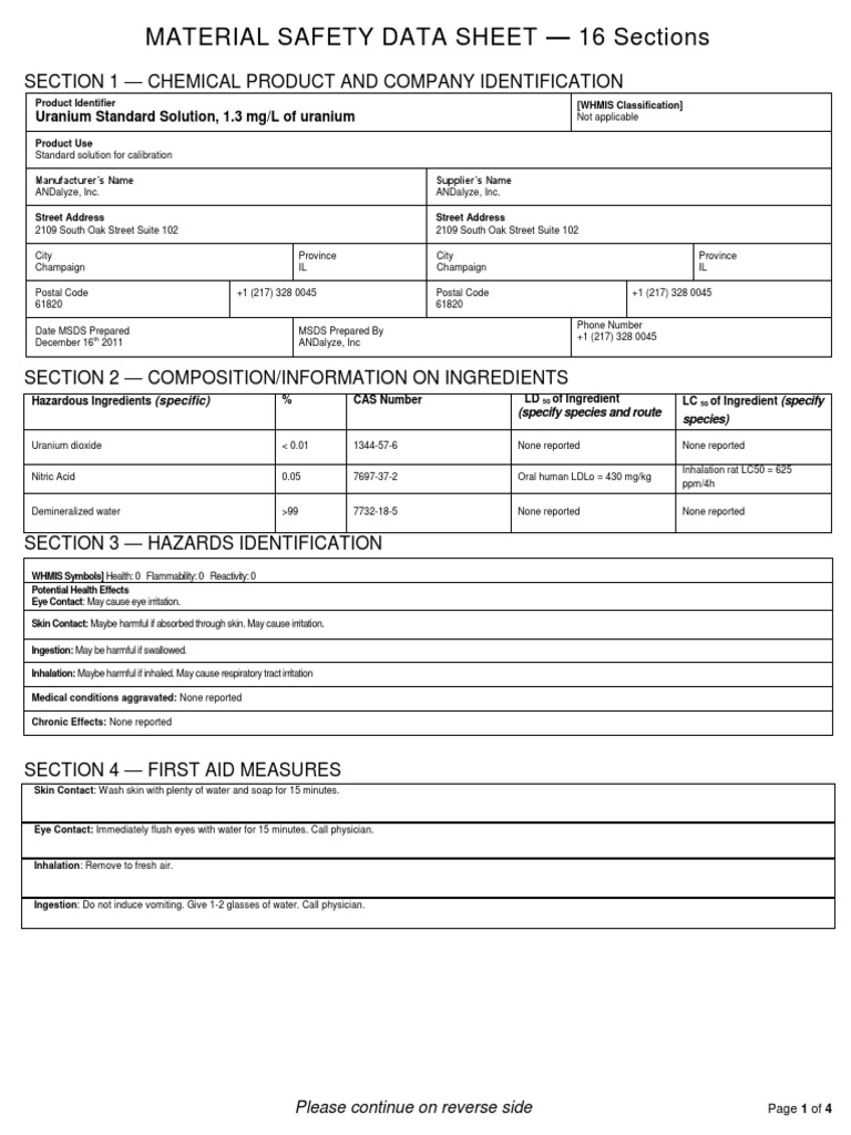 Section 1 - Chemical Product and Company Identification: Uranium Standard Solution, 1.3 MG/L of ...