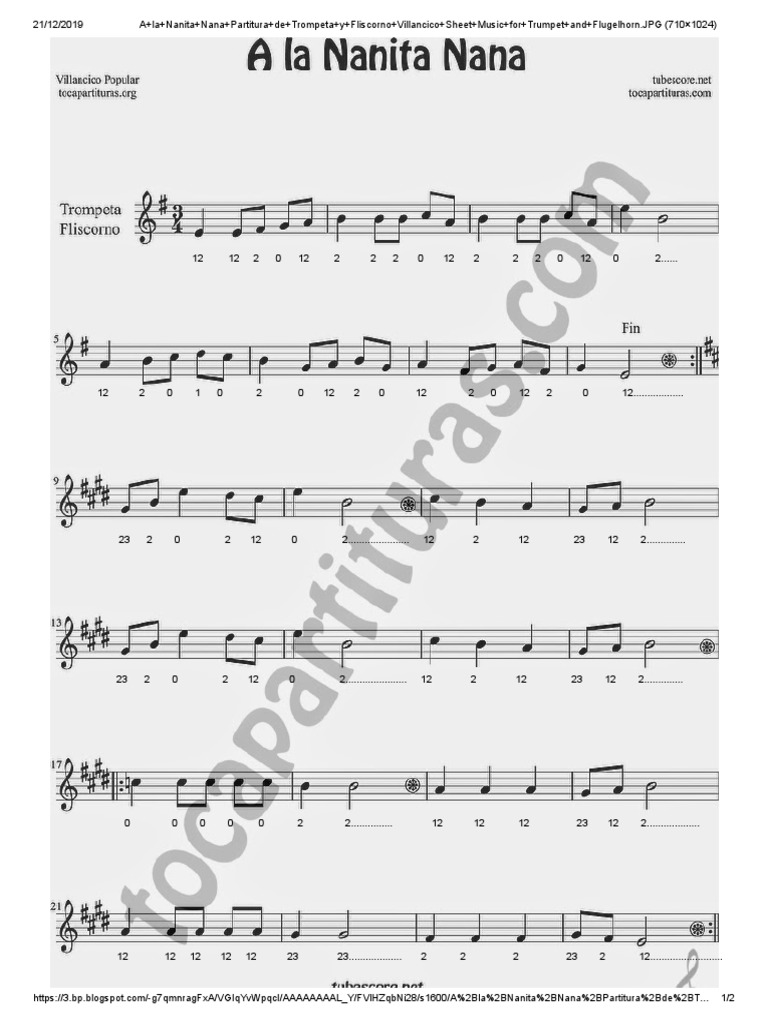 A La Nanita Nana Partitura de Trompeta y Fliscorno Villancico Sheet ...