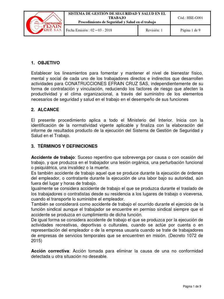 Procedimiento de Seguridad y Salud en El Trabajo | PDF | Labor | Bienestar