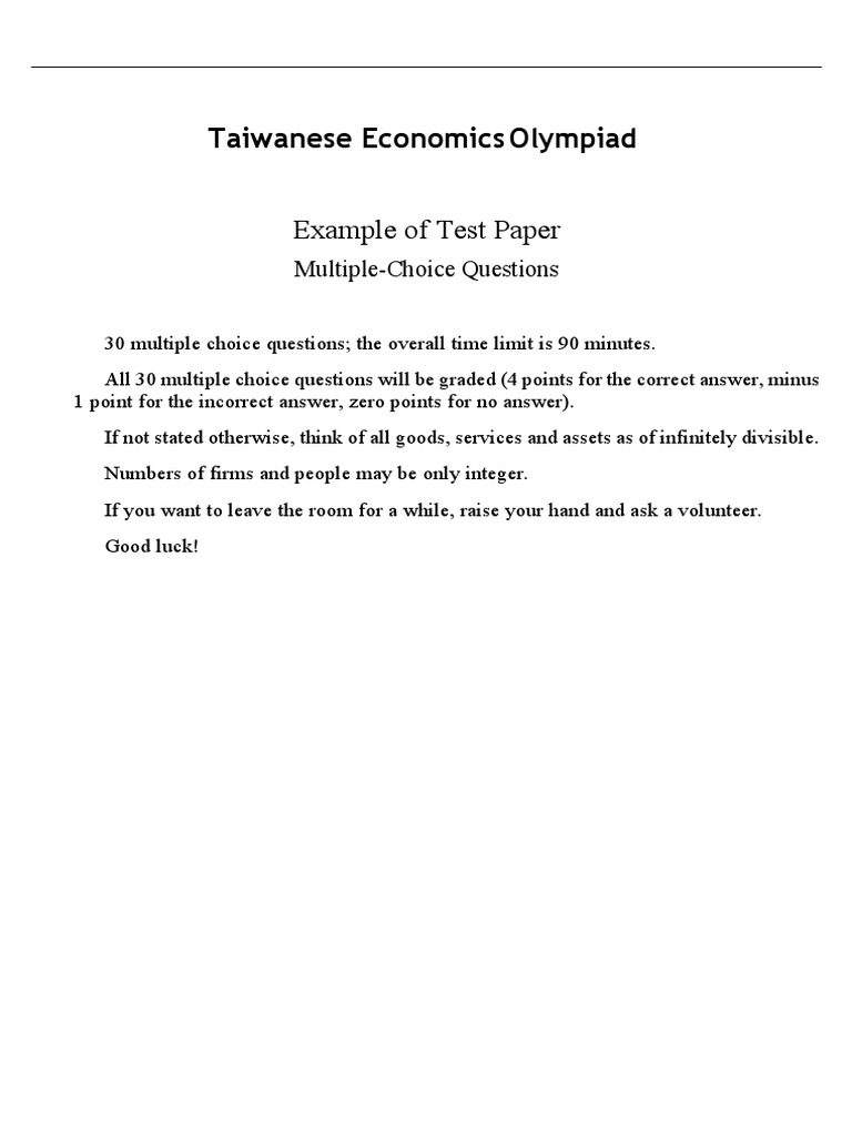 Taiwanese Economics Olympiad Sample Test | PDF | Demand | Profit ...