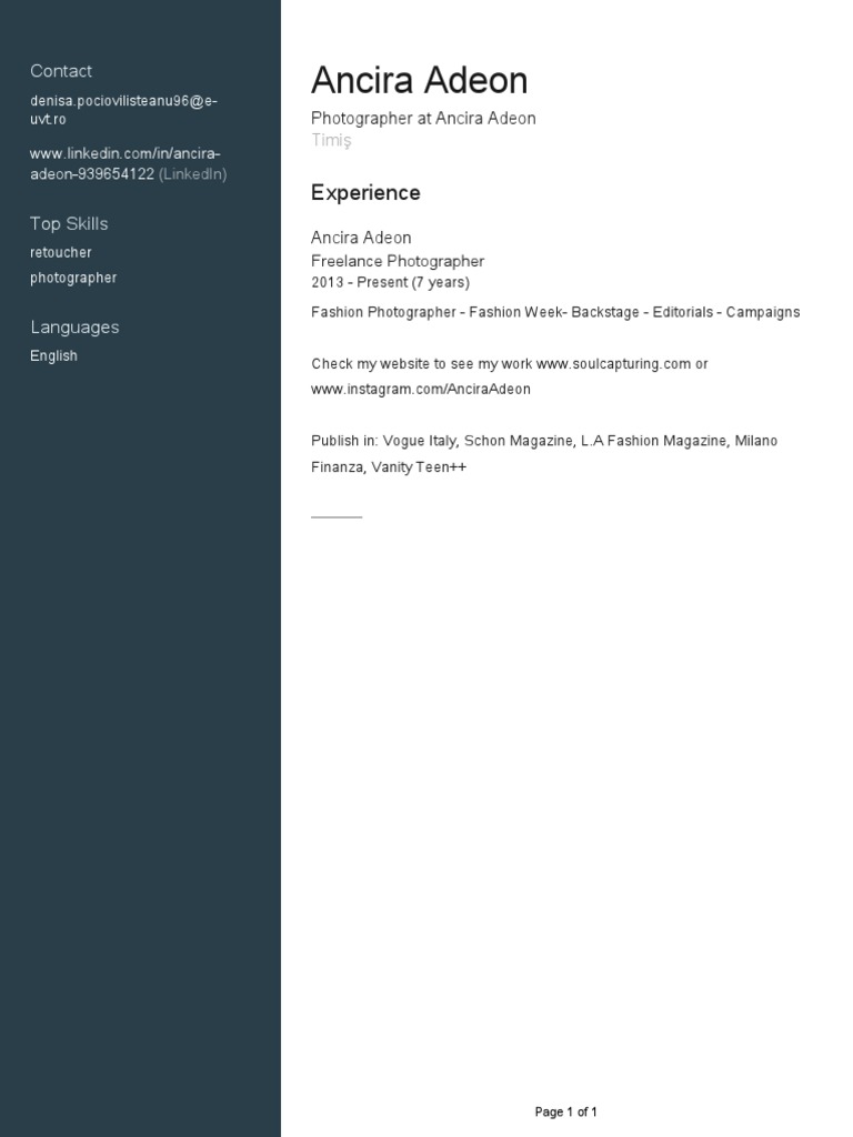 Freelance Fashion Photographer Profile | PDF