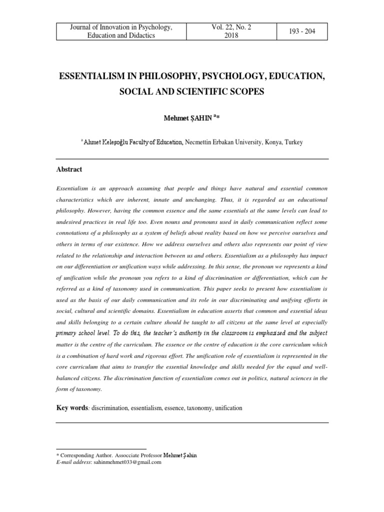 Essentialism in Philosophy, Psychology, Education, Social and ...