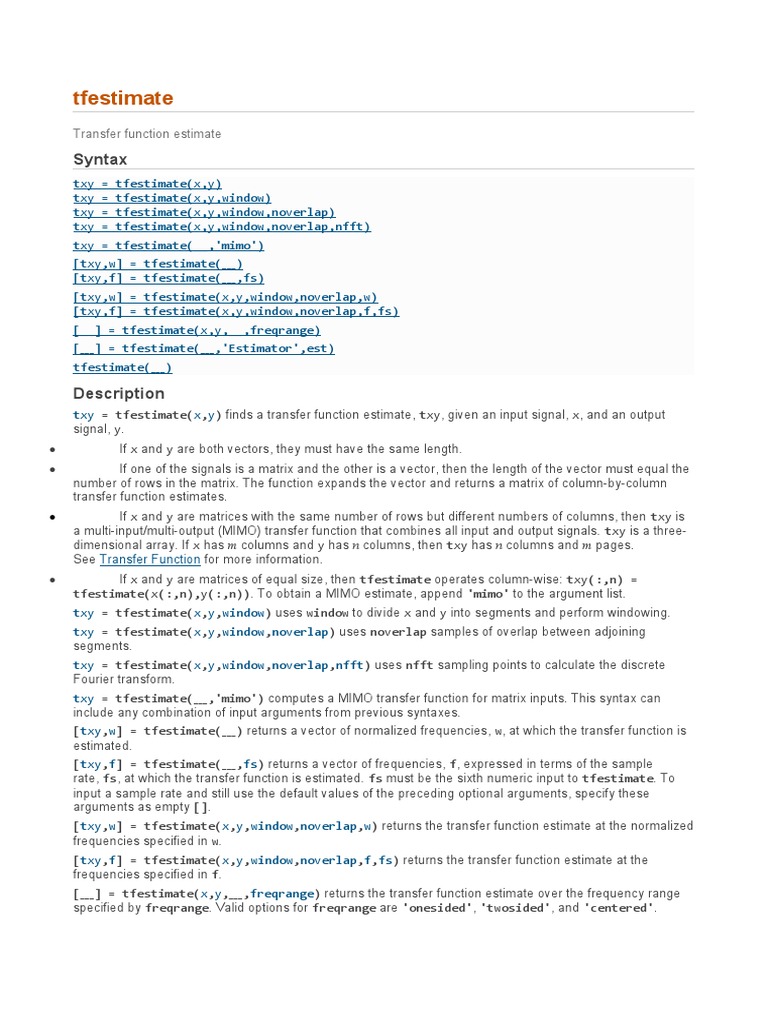 Tfestimate: Syntax | PDF | Matrix (Mathematics) | Sampling (Signal Processing)