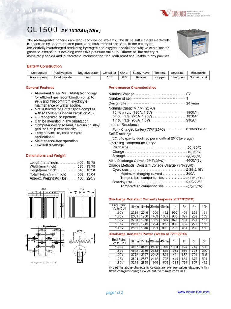 2V 1500ah (10hr) : Battery Construction | PDF