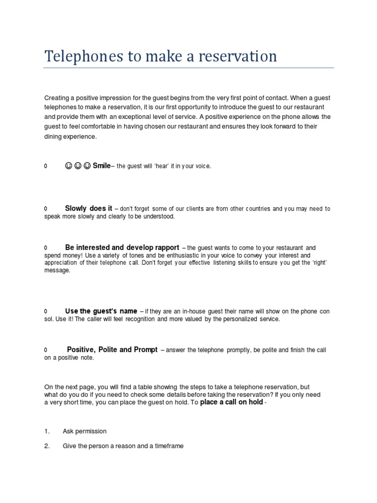 Telephones To Make A Reservation: Smile | PDF | Telephone | Telephone Call