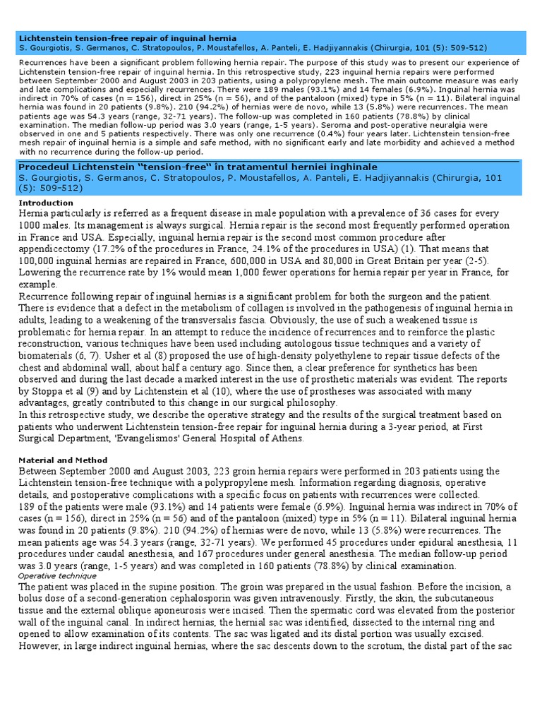 Procedeul Lichtenstein "Tension-Free" În Tratamentul Herniei Inghinale ...