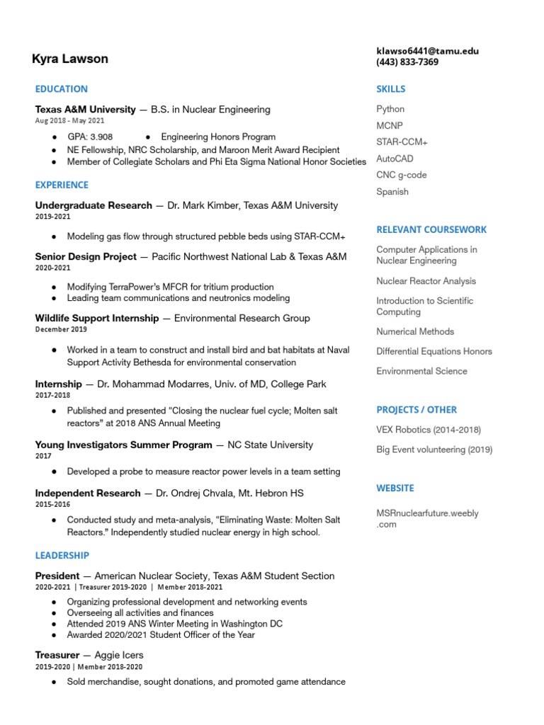 Kyra Lawson's Nuclear Engineering Resume | PDF | Nuclear Physics ...