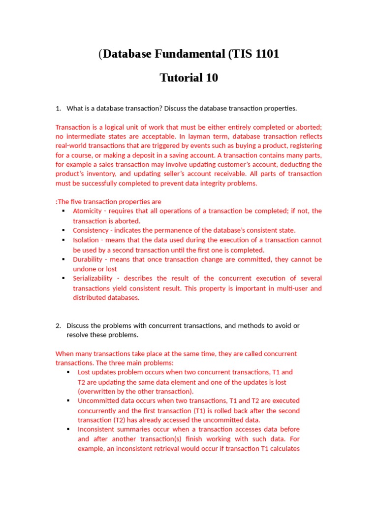 Database Fundamental (TIS 1101 Tutorial 10 | PDF | Database Transaction | Databases