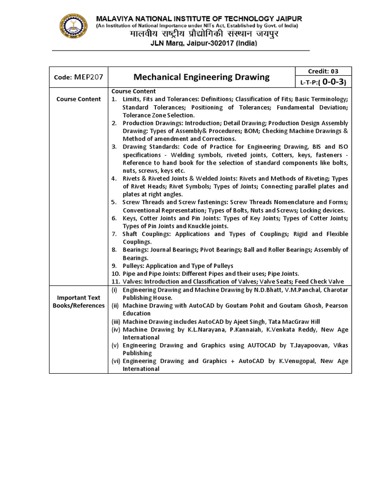 Mechanical Engineering Drawing 0-0-3: Code: Credit: 03 L-T-P | PDF ...