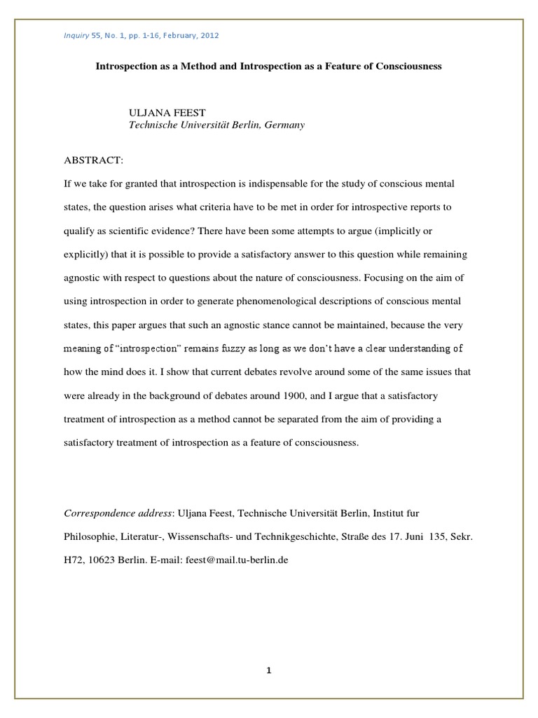 Introspection as a Method and as a Feature of Consciousness: Examining ...
