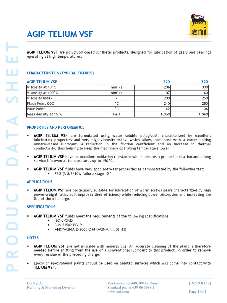 Characteristics (Typical Figures) Agip Telium VSF 220 320 | PDF ...