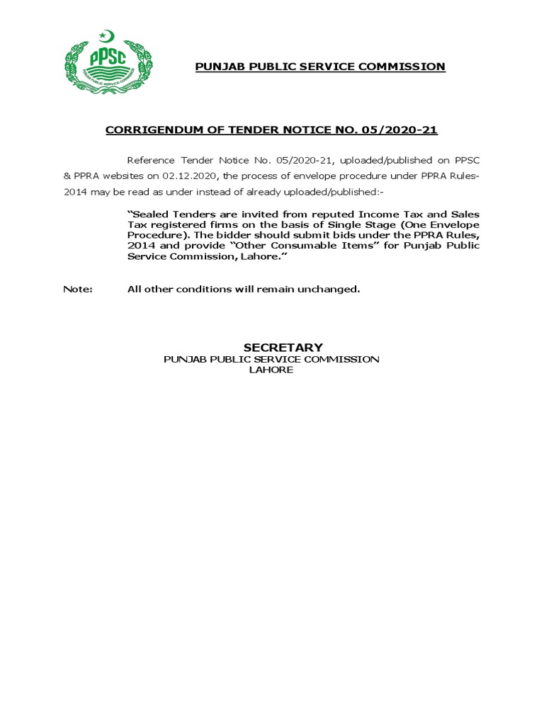 Corrigendum of Tender Notice 05-2020-21 On PPRA Website Only | PDF