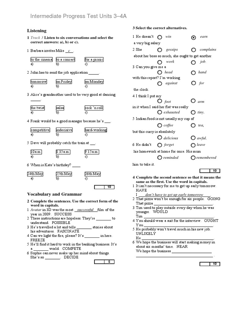 Intermediate Progress Test Units 3-4A: Listening | PDF