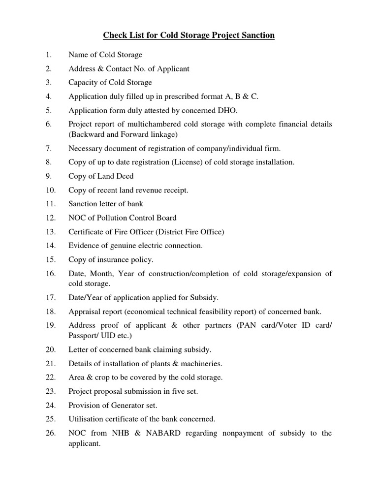 Check List For Cold Storage Project Sanction | PDF