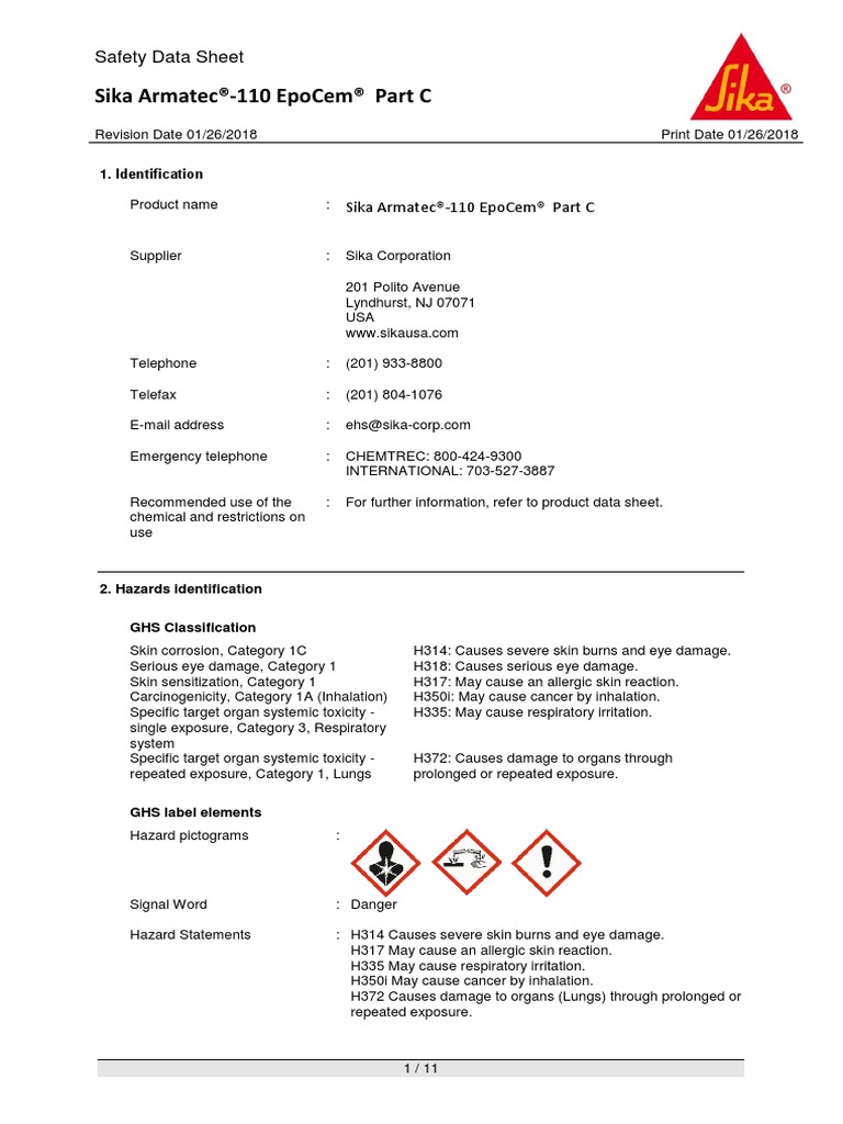 Sika Armatec®-110 Epocem® Part C: Safety Data Sheet | PDF | Personal ...