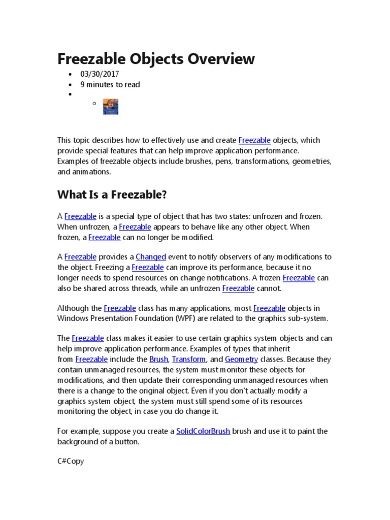 Freezable Objects Overview | PDF | Method (Computer Programming) | Class (Computer Programming)