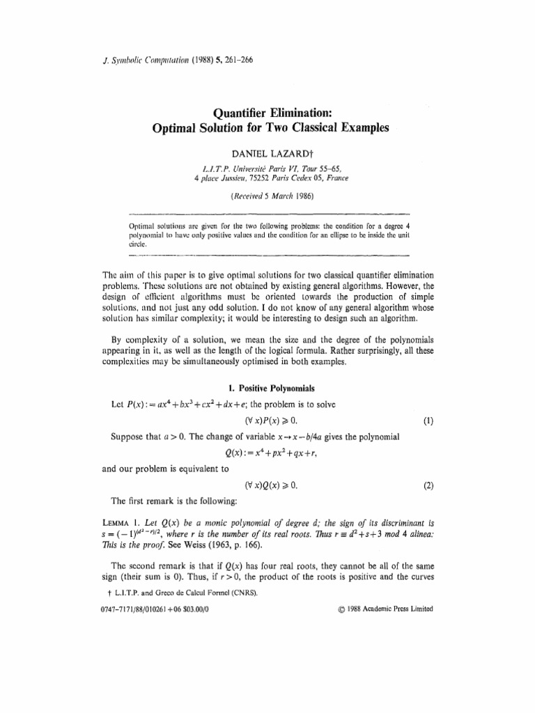 Quantifier Elimination Optimal Solution For Two Classical Examples-Daniel Lazard | PDF | Circle ...