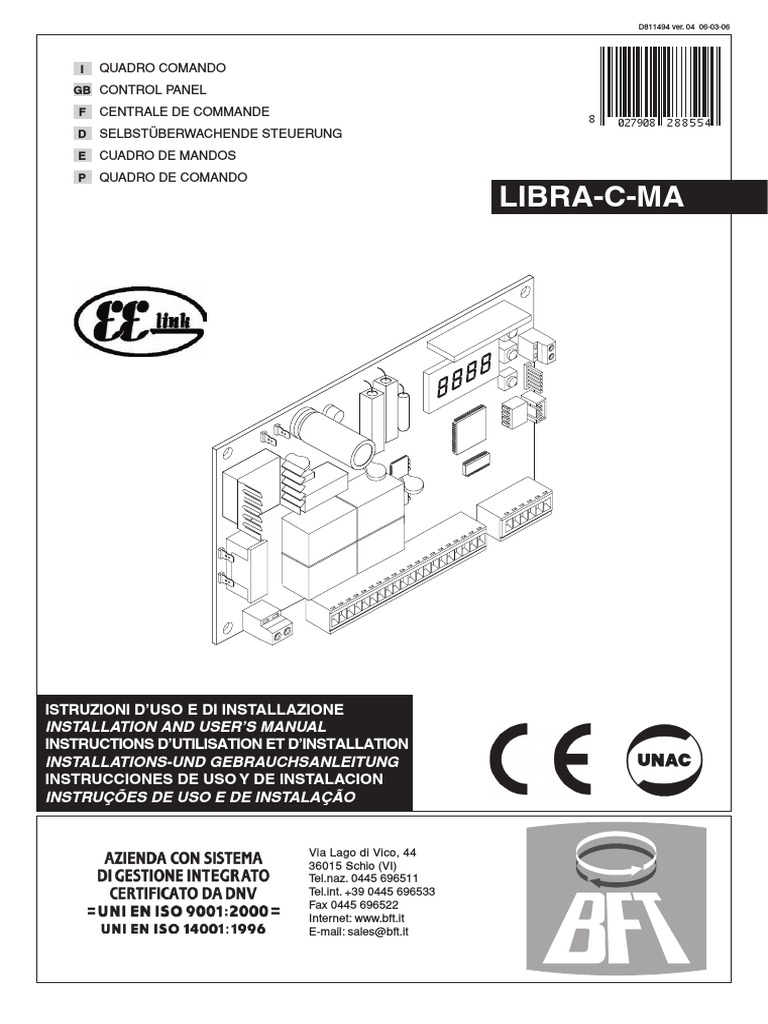 Central BFT Libra C Ma | PDF | Electricidad | Electrónica