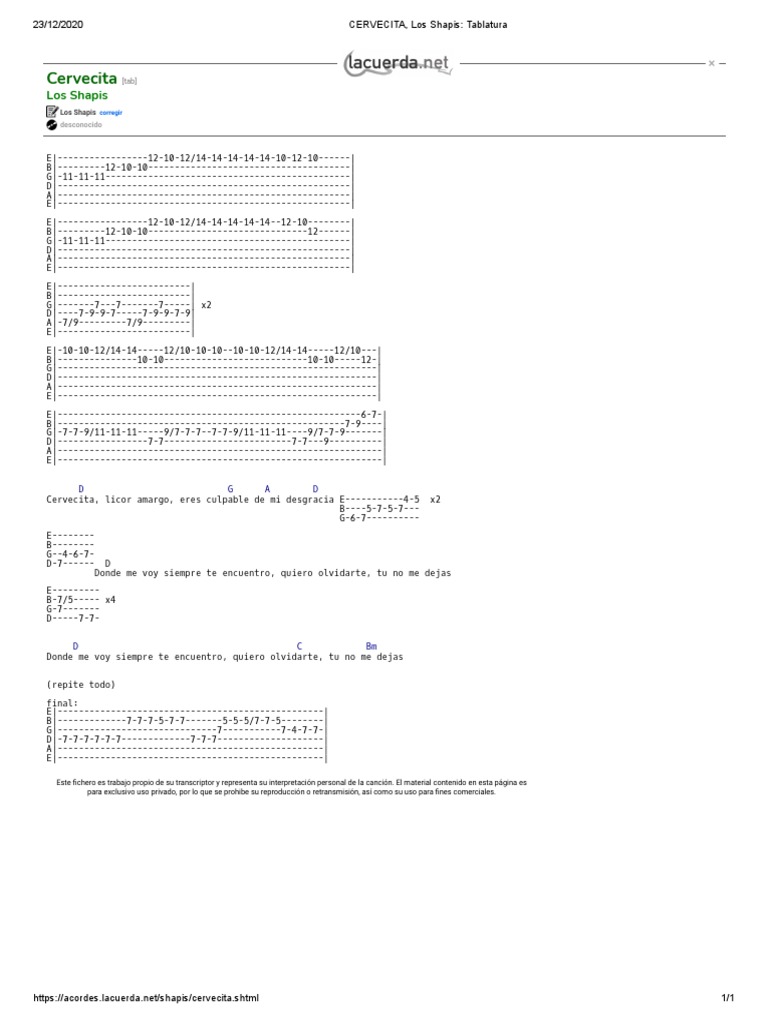 Tablatura de "Cervecita" - Los Shapis | PDF