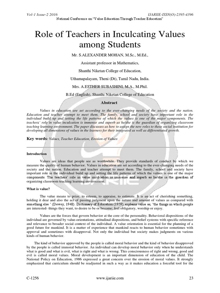 Role of Teachers in Inculcating Values Among Students c1256 | PDF ...