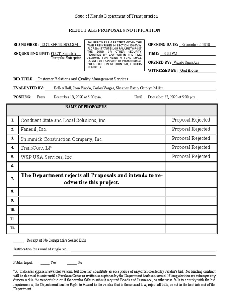 FDOT Rejects All Bids To Take Over Part of SunPass | PDF