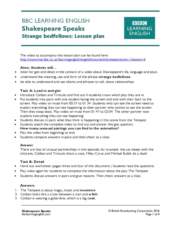 Shakespeare Lesson: Strange Bedfellows | PDF | The Tempest | Languages