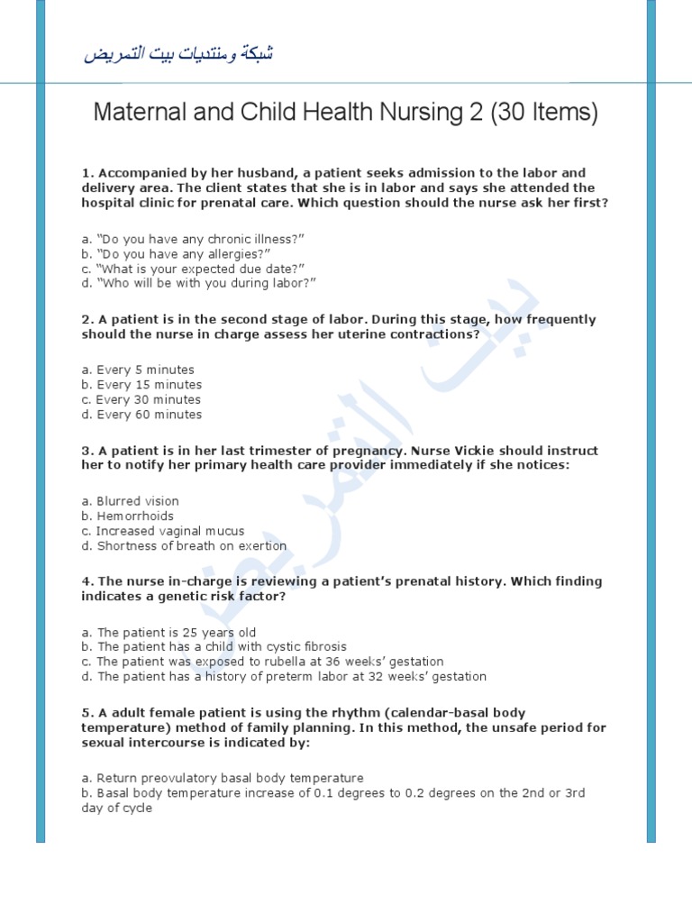 Maternal and Child Health Nursing 2 (30 Items) | PDF | Childbirth | Fetus