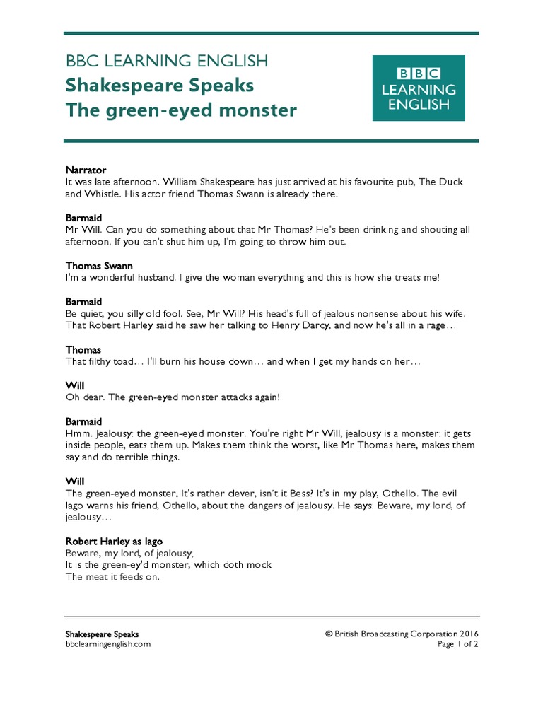 Shakespeare Speaks The Green-Eyed Monster: BBC Learning English | PDF ...