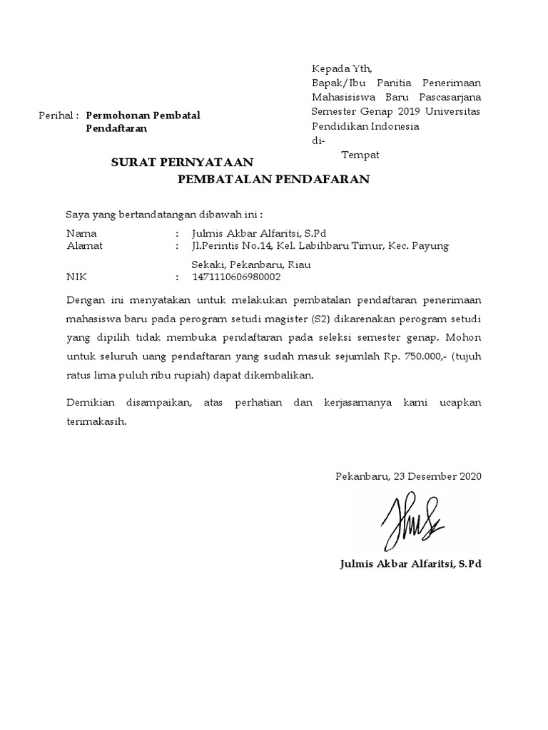 Surat Permohonan Pembatalan | PDF