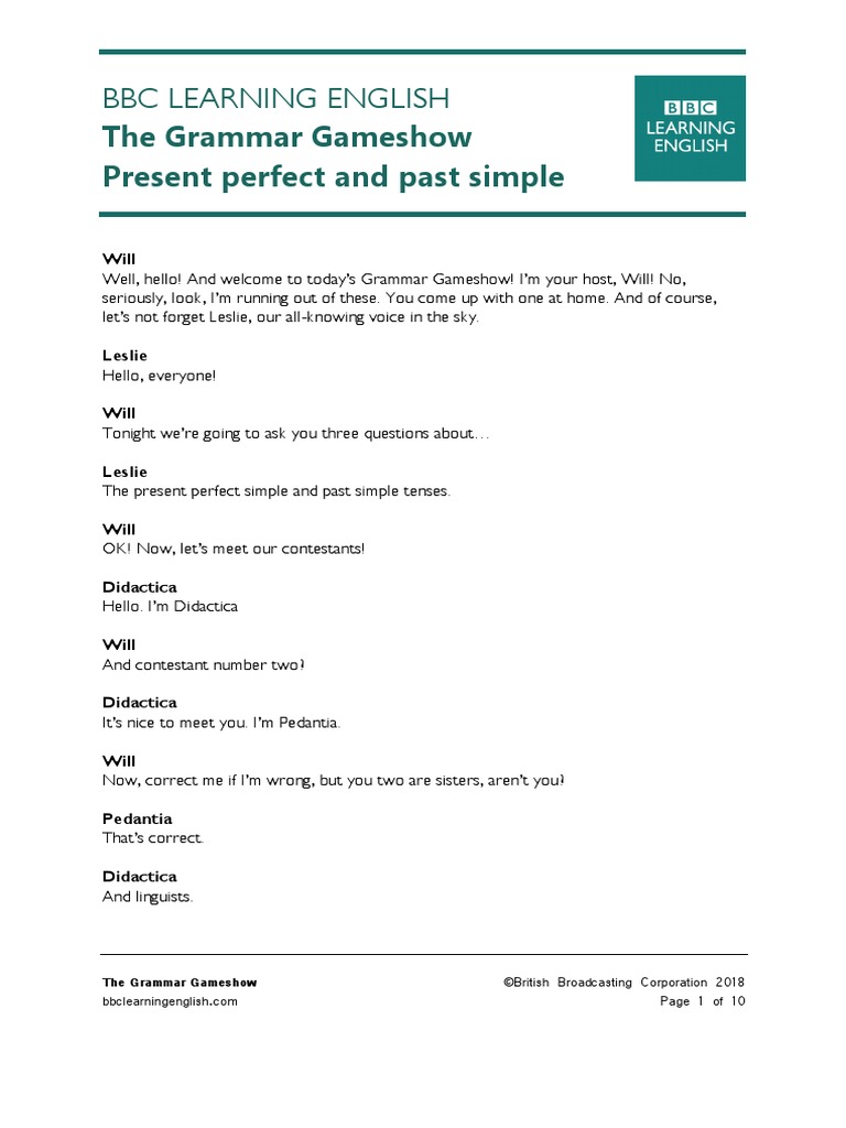 The Grammar Gameshow Present Perfect and Past Simple: BBC Learning ...