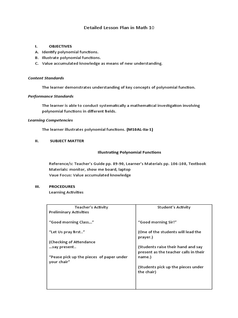 Detailed Lesson Plan in Math 10 | PDF | Polynomial | Lesson Plan