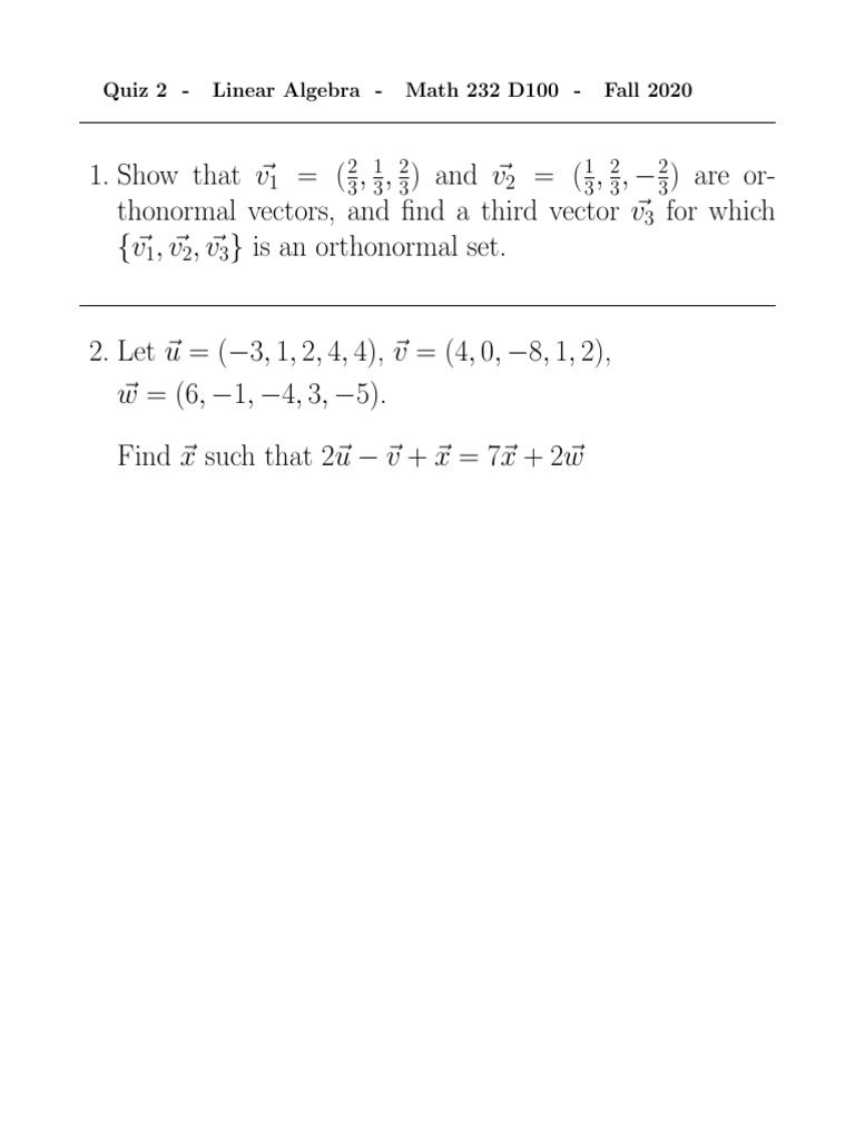 Quiz 2 - Linear Algebra - Math 232 D100 - Fall 2020 | PDF