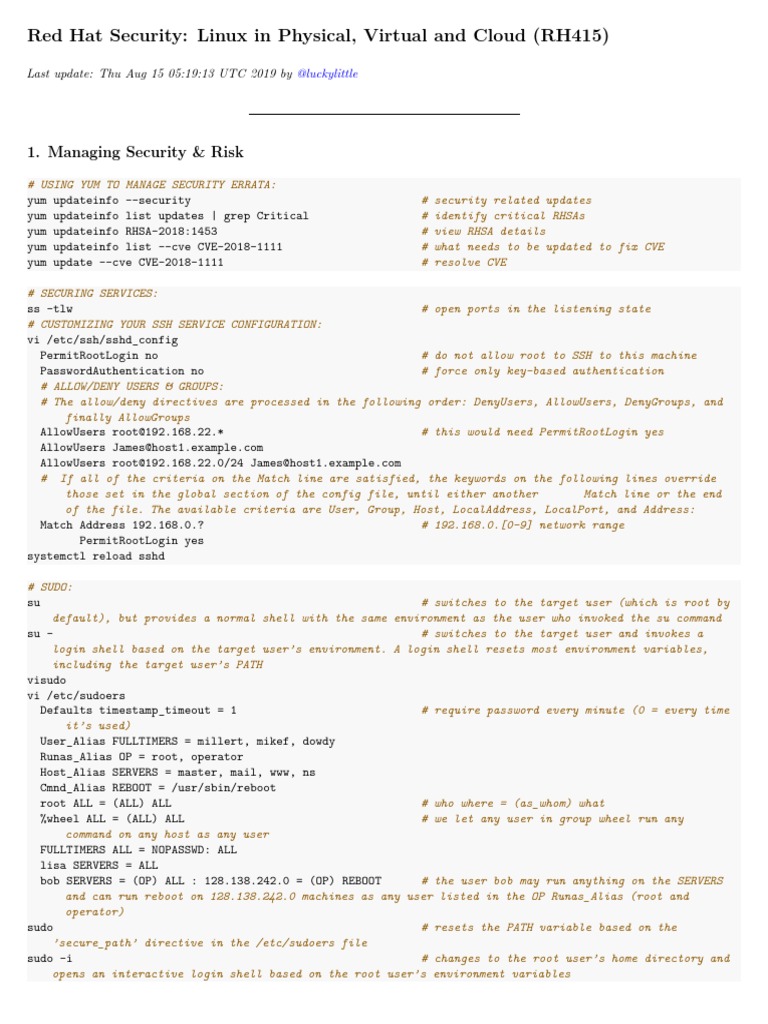 Red Hat Security: Linux in Physical, Virtual and Cloud (RH415) | PDF | Sudo | Superuser