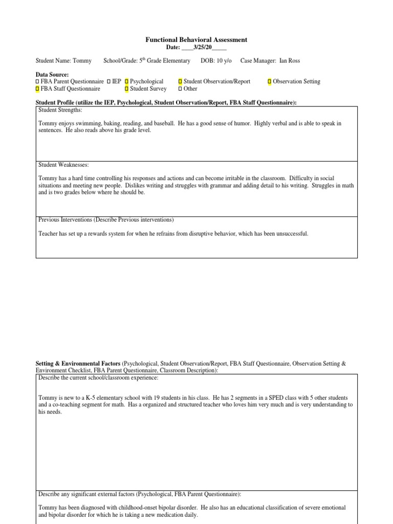 Functional Behavioral Assessment: Date: - 3/25/20 | Download Free PDF | Individualized Education ...