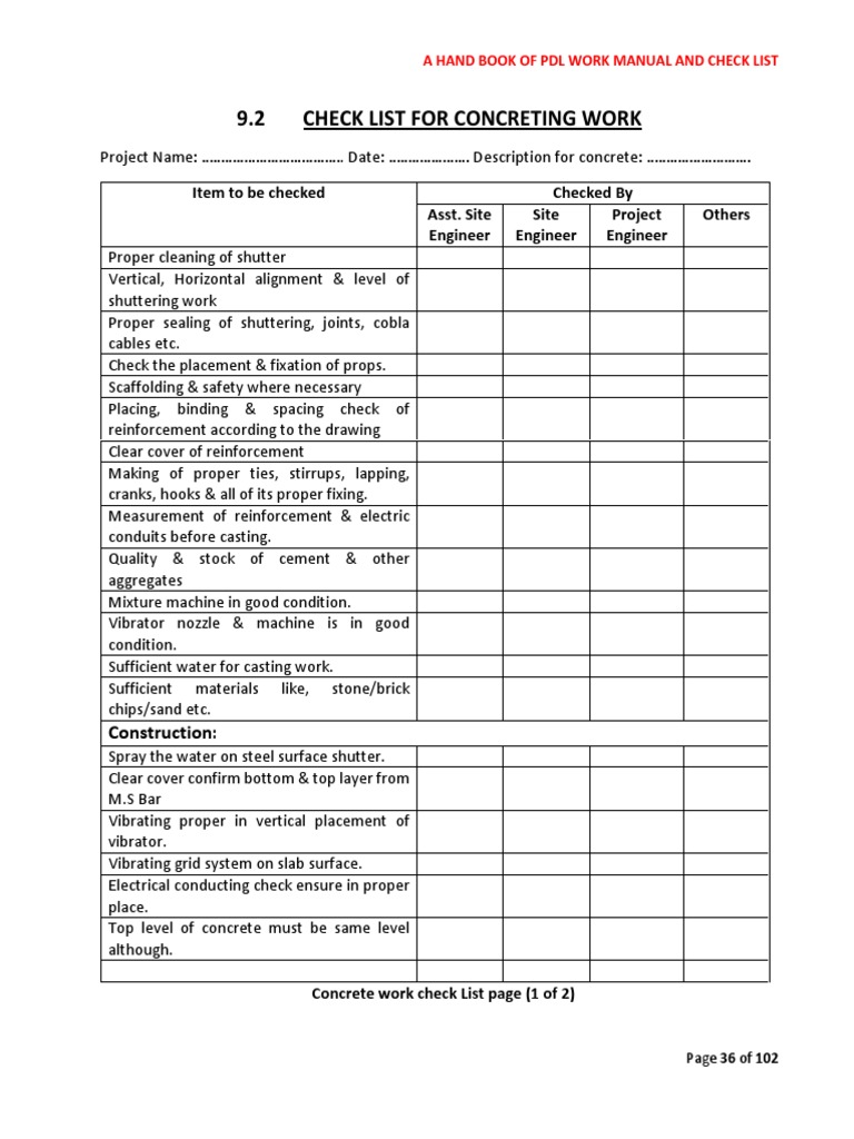 9.2 Check List For Concreting Work: Construction | PDF | Concrete ...