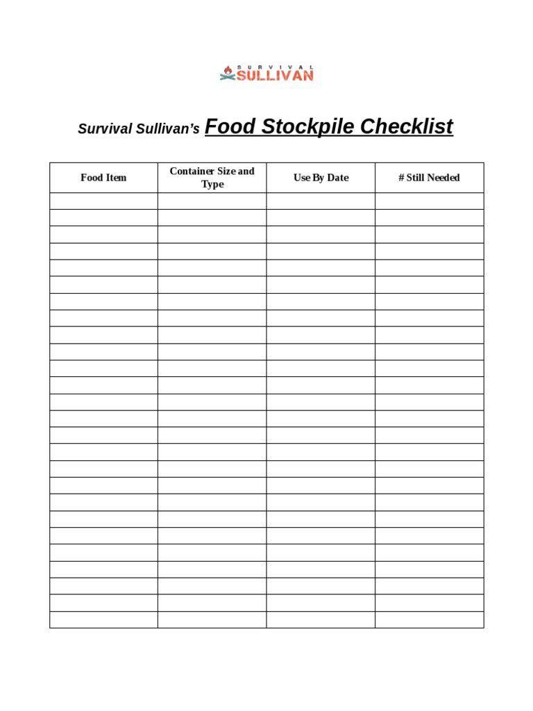 Food Stockpile Checklist: Survival Sullivan's | PDF