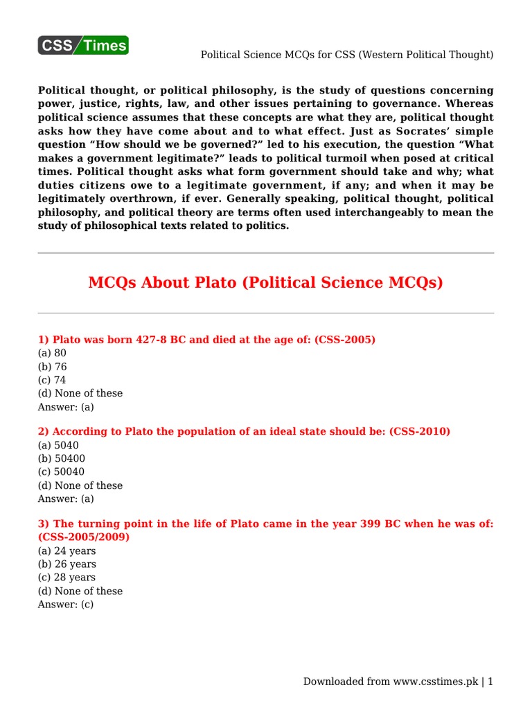 Political Science MCQs For CSS (Western Political Thought) | PDF ...